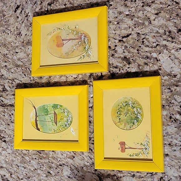 Art | Set Of 3 Vintage Artwork Yellow Frames Handpainted Water Colors ...